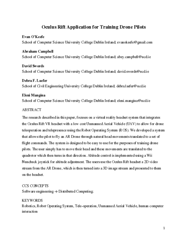 (PDF) Oculus Rift Application for Training Drone Pilots | Debra F ...