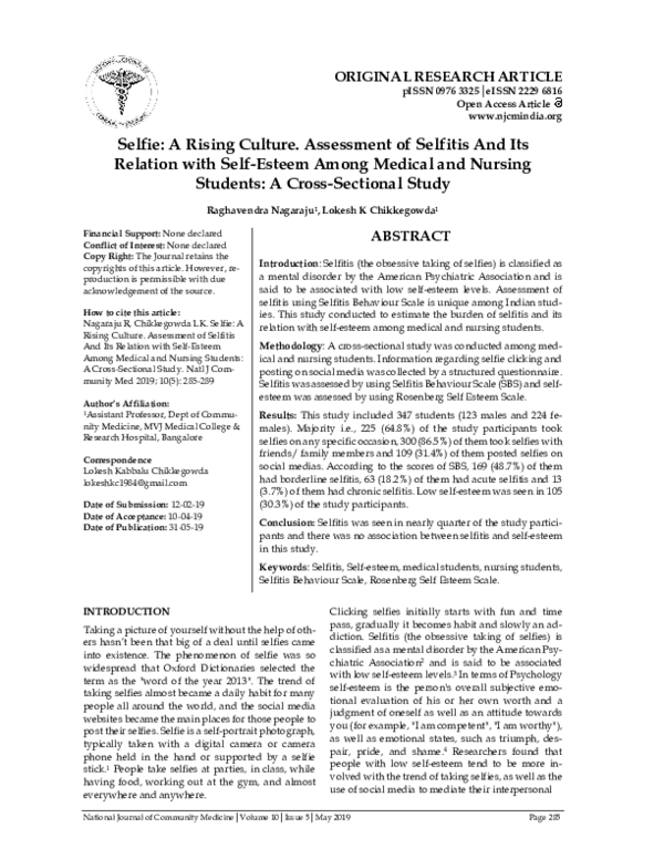 (PDF) Selfie: A Rising Culture. Assessment of Selfitis And Its Relation ...