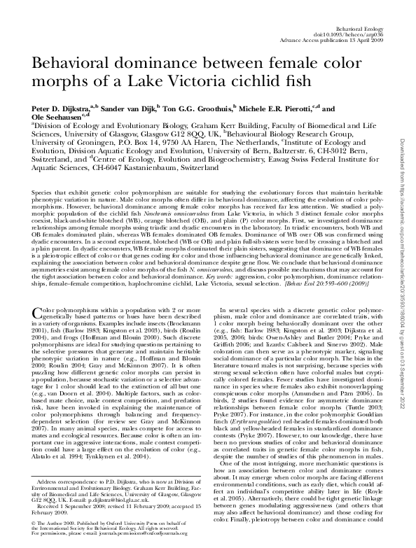 (PDF) Behavioral dominance between female color morphs of a Lake ...