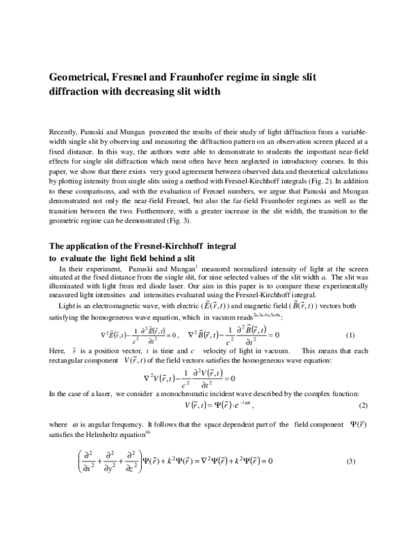 (PDF) Geometrical, Fresnel, and Fraunhofer Regimes of Single-Slit ...