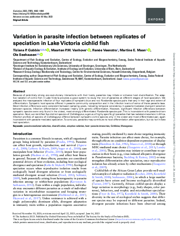 (PDF) Variation in parasite infection between replicates of speciation ...