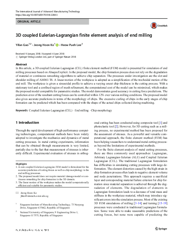 Pdf 3d Coupled Eulerian Lagrangian Finite Element Analysis Of End Milling