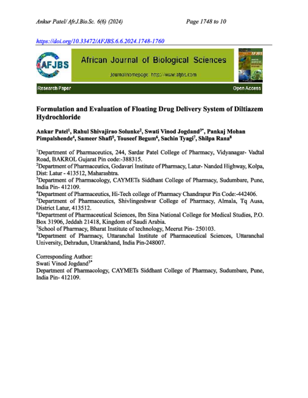 Pdf Formulation And Evaluation Of Floating Drug Delivery System Of Diltiazem Hydrochloride