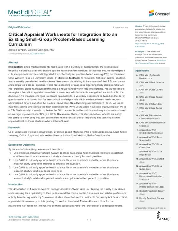 (PDF) Critical Appraisal Worksheets for Integration Into an Existing ...