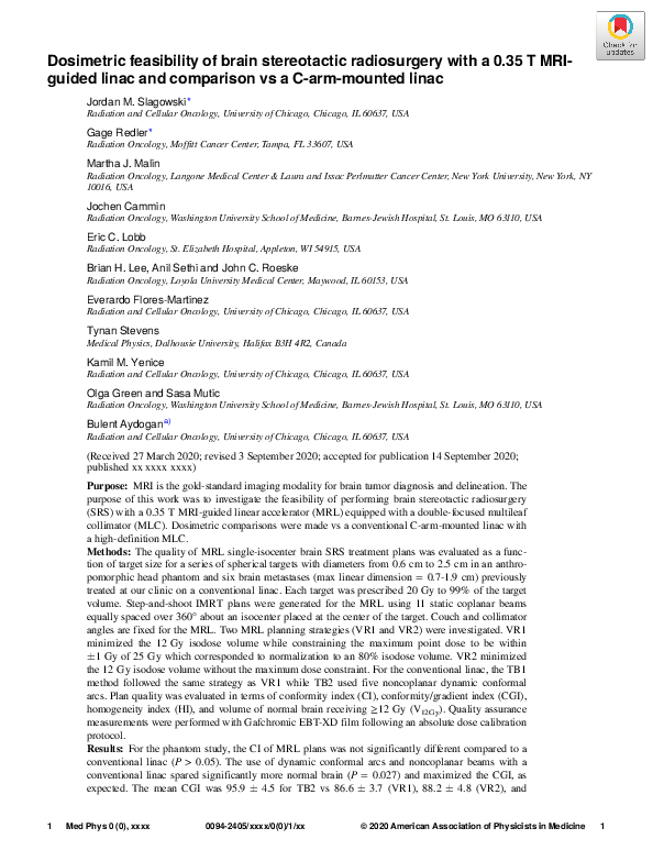 (PDF) Dosimetric feasibility of brain stereotactic radiosurgery with a 0.35 T MRI‐guided linac ...