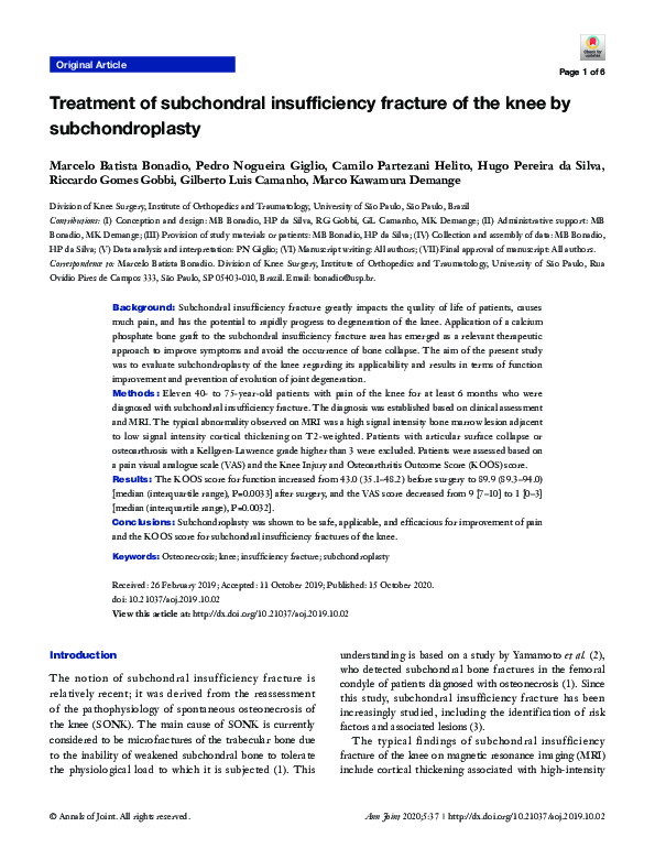 (PDF) Treatment of subchondral insufficiency fracture of the knee by subchondroplasty