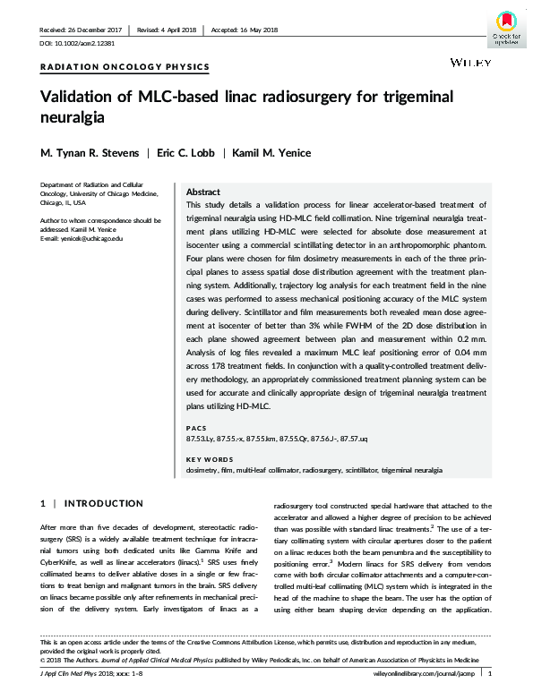 (PDF) Validation of MLC-based linac radiosurgery for trigeminal neuralgia