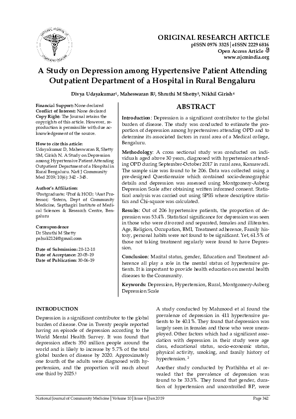 (PDF) A Study on Depression among Hypertensive Patient Attending ...