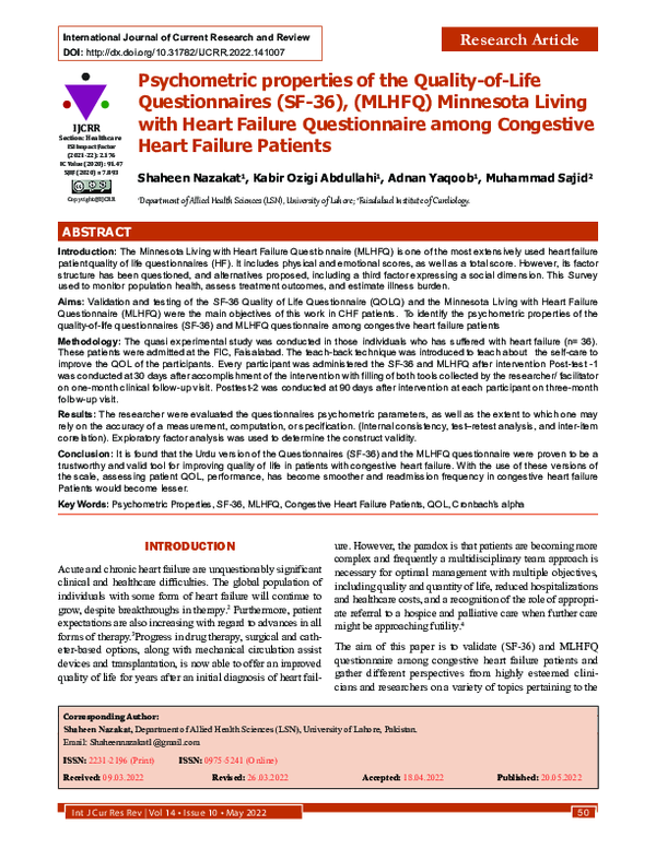 (PDF) Psychometric properties of the Quality-of-Life Questionnaires (SF-36), (MLHFQ) Minnesota ...