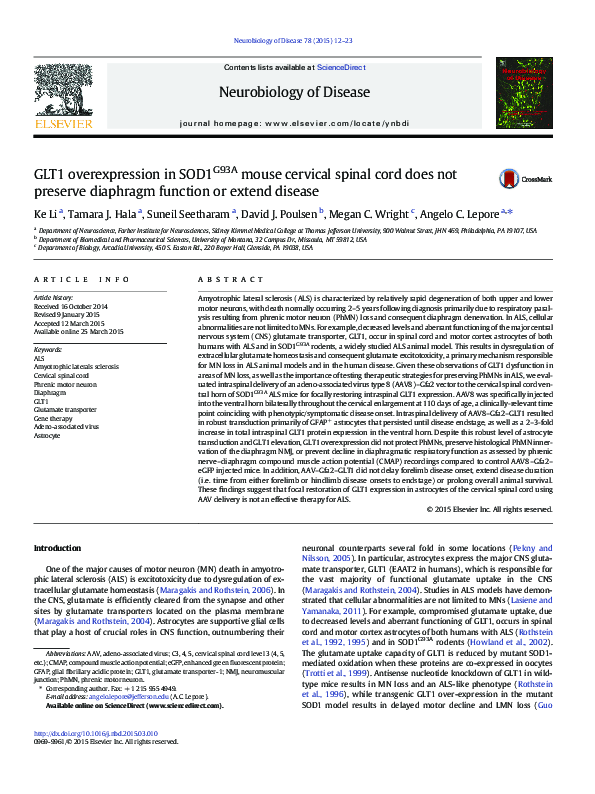 (PDF) GLT1 overexpression in SOD1(G93A) mouse cervical spinal cord does ...