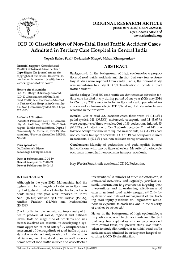 (PDF) ICD 10 Classification of Non-Fatal Road Traffic Accident Cases ...