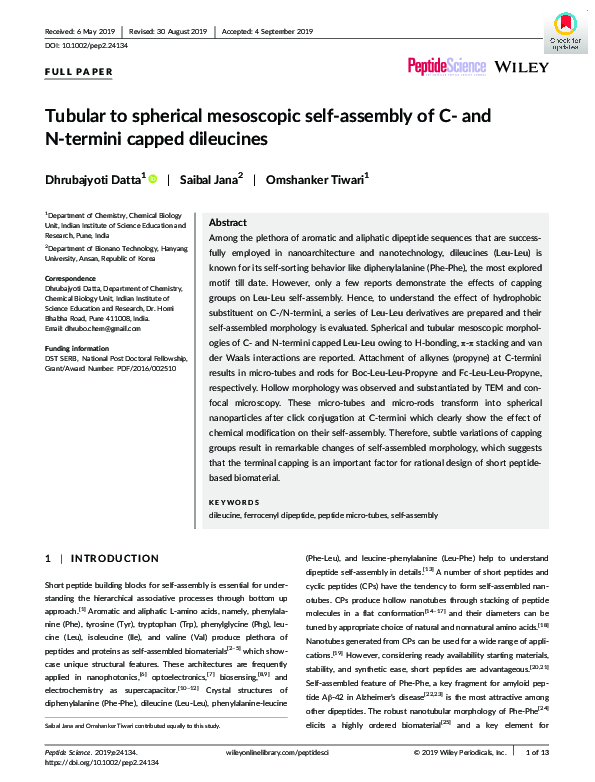 (PDF) Tubular to spherical mesoscopic self‐assembly of C‐ and N‐termini capped dileucines ...