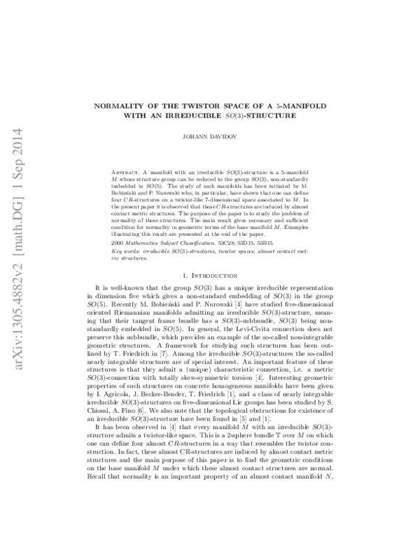 (PDF) Normality of the twistor space of a $5$-manifold with a $SO(3 ...