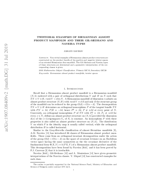 (PDF) Twistorial examples of Riemannian almost product manifolds and ...