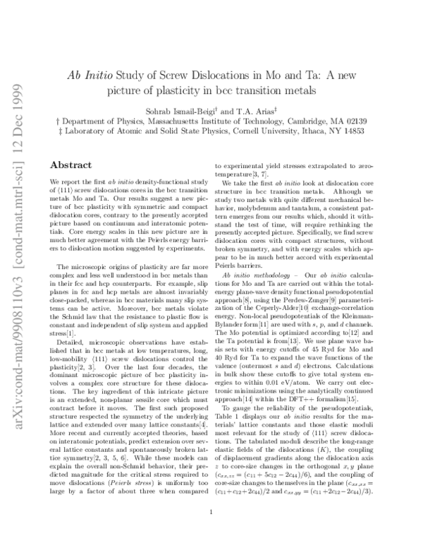 (PDF) Ab Initio Study of Screw Dislocations in Mo and Ta: A New Picture ...