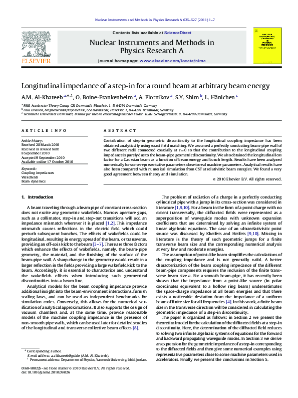 (PDF) Longitudinal impedance of a step-in for a round beam at arbitrary beam energy
