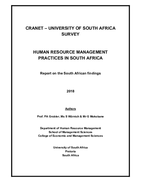 (PDF) Human Resource Management Practices in South Africa: Report on the South African findings