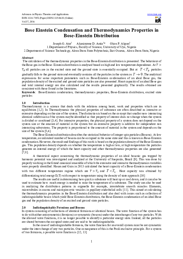(PDF) Bose Einstein Condensation and Thermodynamics Properties in Bose-Einstein Distribution