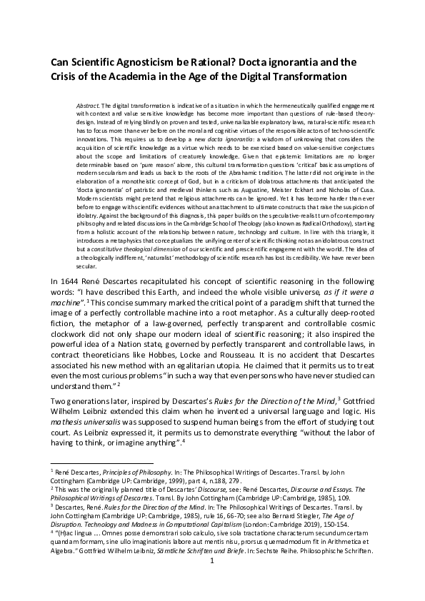 (PDF) Can Scientific Agnosticism be Rational? Docta Ignorantia and the ...