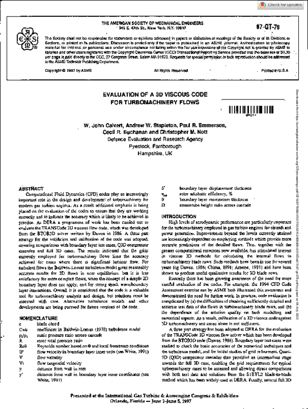 (PDF) Evaluation of a 3D Viscous Code for Turbomachinery Flows