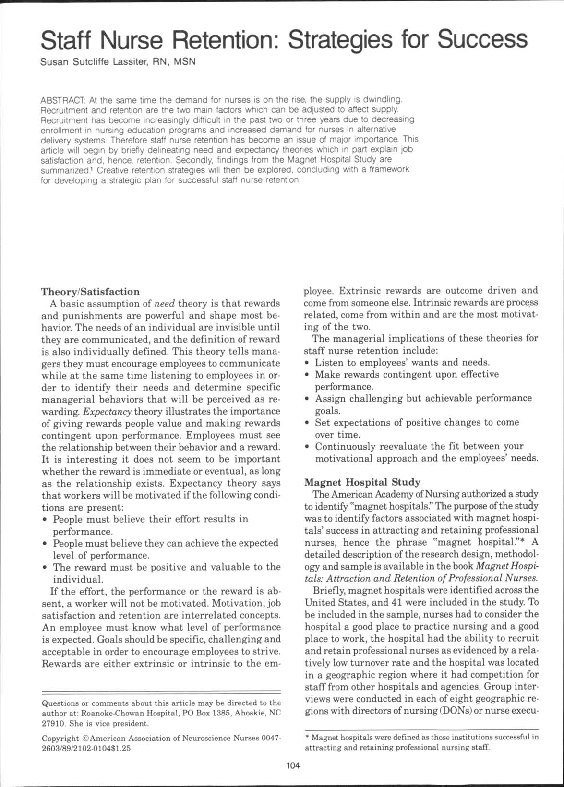 (PDF) Staff Nurse Retention: Strategies for Success | Patricia Lassiter ...