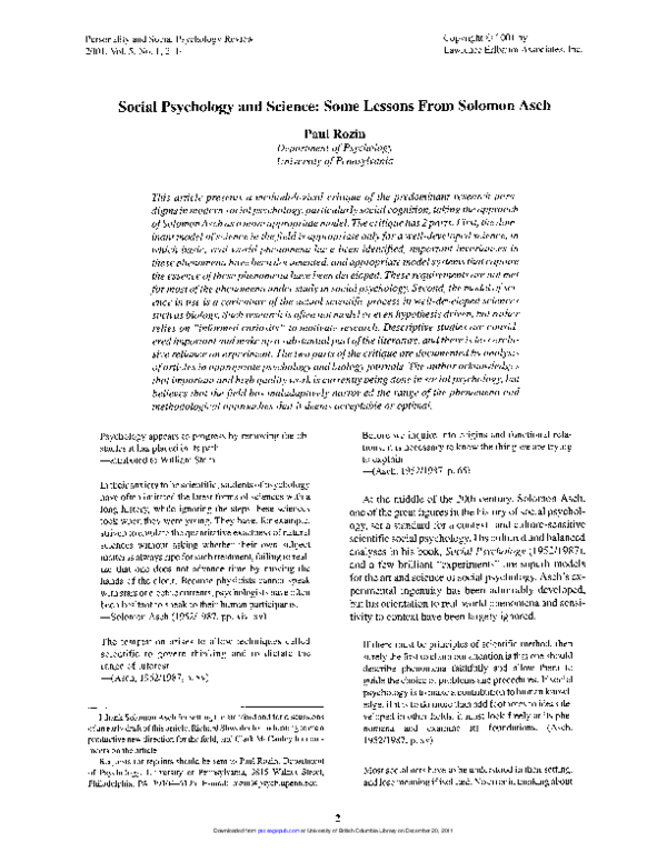 (PDF) Social Psychology and Science: Some Lessons From Solomon Asch