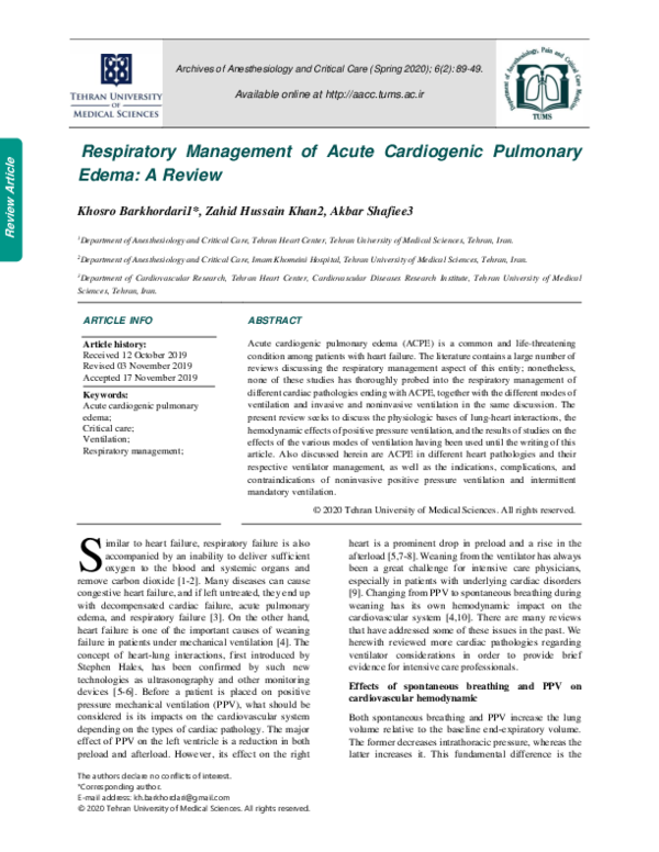(PDF) Respiratory Management of Acute Cardiogenic Pulmonary Edema: A Review