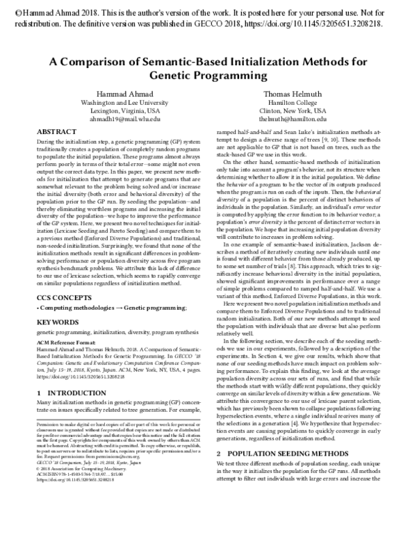 (PDF) A comparison of semantic-based initialization methods for genetic programming