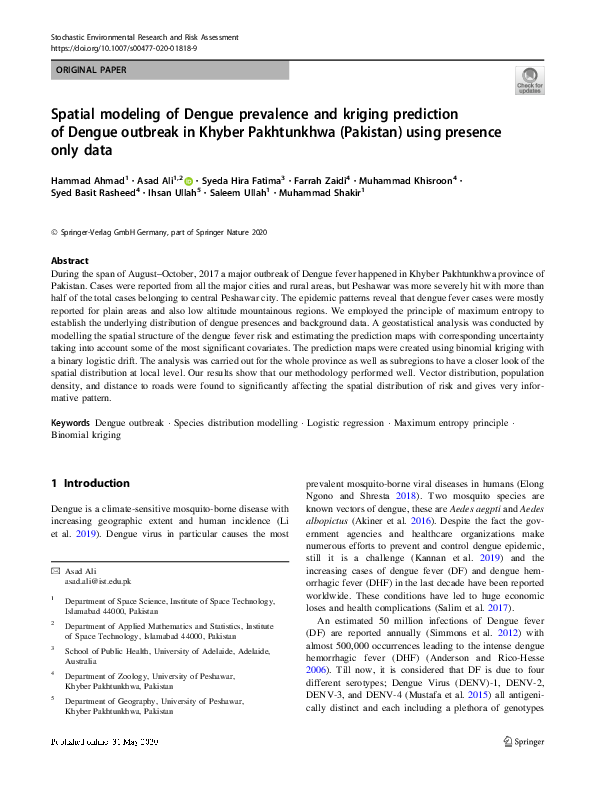 (PDF) Spatial modeling of Dengue prevalence and kriging prediction of Dengue outbreak in Khyber ...