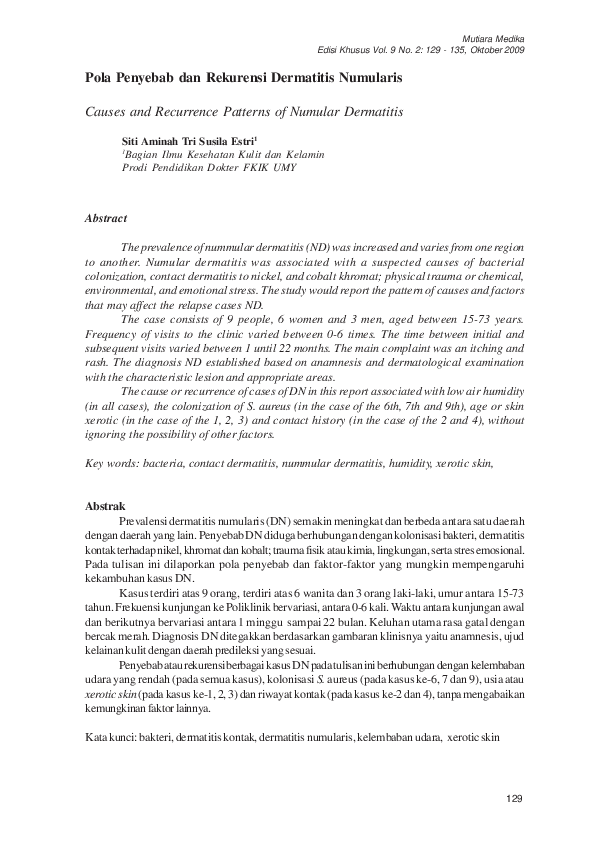 (PDF) Pola Penyebab dan Rekurensi Dermatitis Numularis