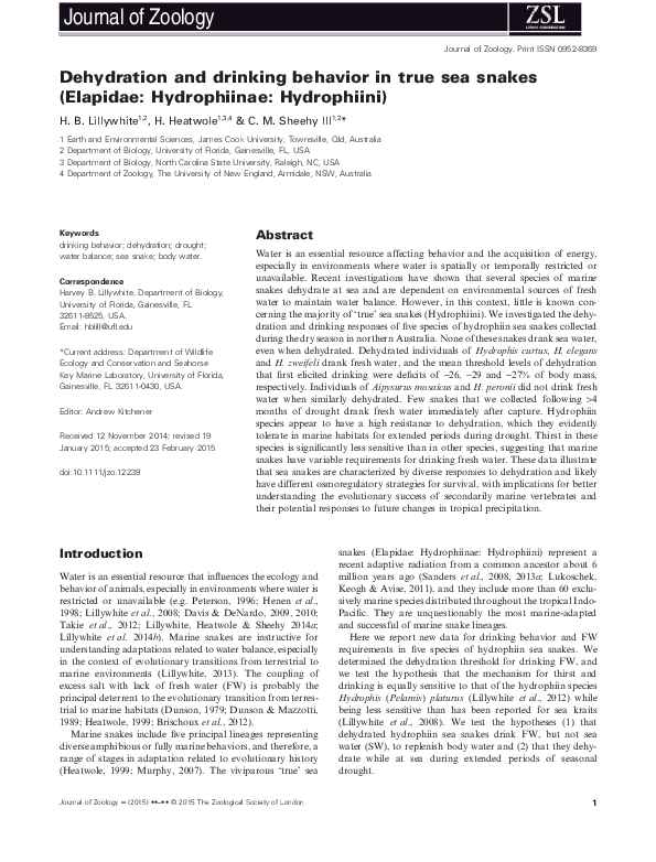 (PDF) Dehydration and drinking behavior in true sea snakes (Elapidae ...