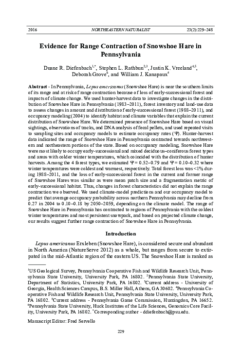 (PDF) Evidence for Range Contraction of Snowshoe Hare in Pennsylvania