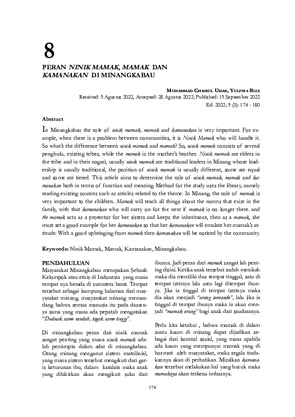 (PDF) Peran Ninik Mamak,Mamak Dan Kamanakan DI Minangkabau
