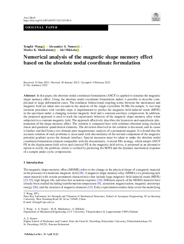 (PDF) Numerical analysis of the magnetic shape memory effect based on the absolute nodal ...