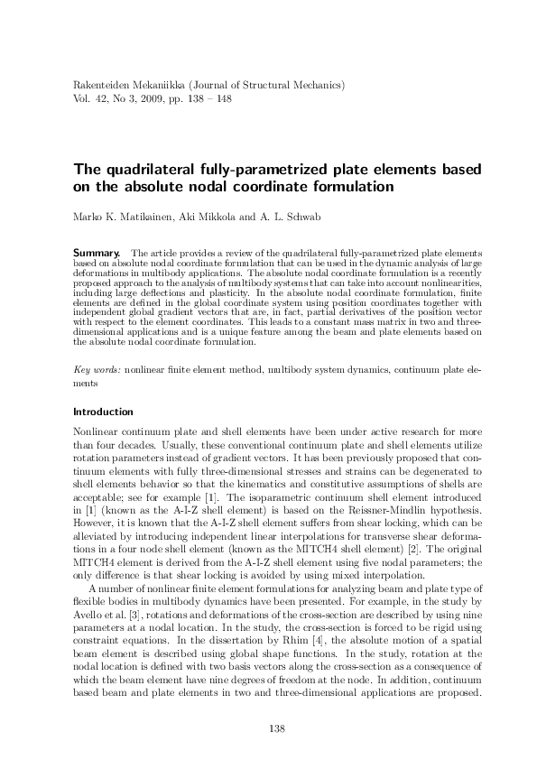 (PDF) The quadrilateral fully-parametrized plate elements based on the absolute nodal coordinate ...