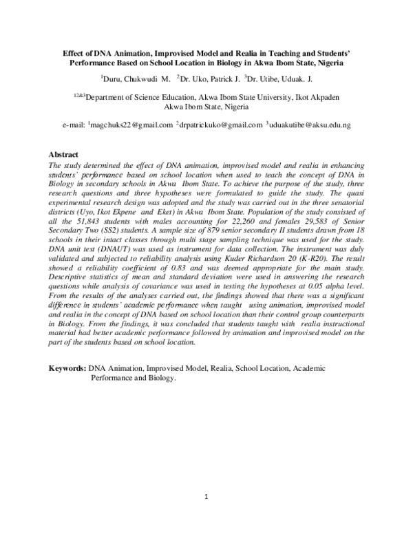 (PDF) Effect of DNA Animation, Improvised Model and Realia in Teaching ...