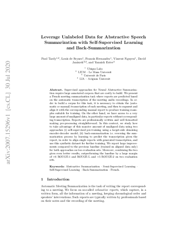 (PDF) Leverage Unlabeled Data for Abstractive Speech Summarization with Self-supervised Learning ...