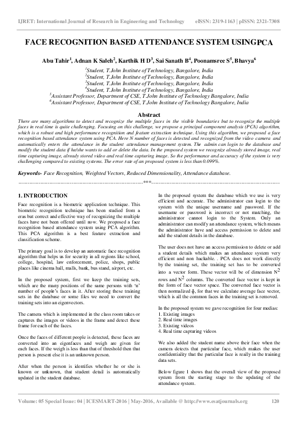 (PDF) Face Recognition Based Attendance System Usingpca