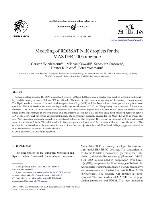 (PDF) Modeling of RORSAT NaK droplets for the MASTER 2005 upgrade
