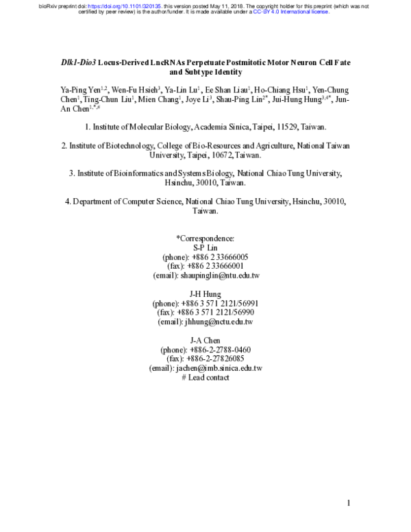 (PDF) Dlk1-Dio3Locus-Derived LncRNAs Perpetuate Postmitotic Motor ...