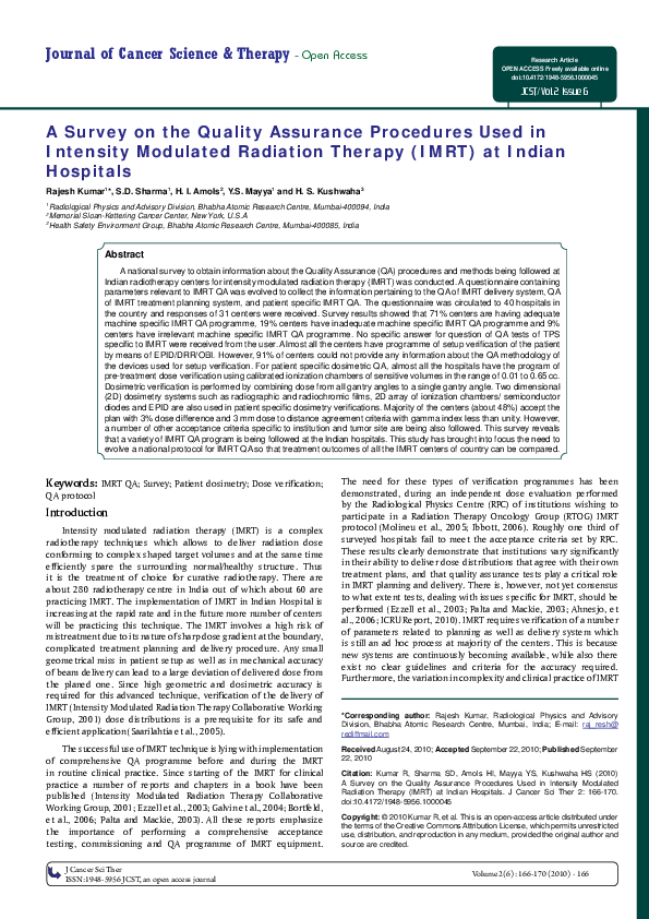 (PDF) A Survey on the Quality Assurance Procedures Used in Intensity Modulated Radiation Therapy ...