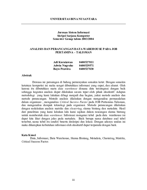 Pdf Analisis Dan Perancangan Data Warehouse Pada Job Pertamina Talisman