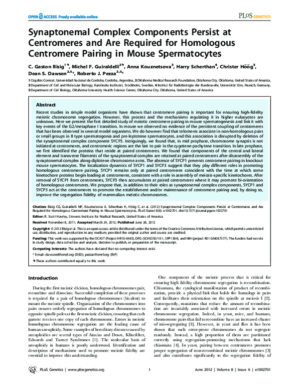 (PDF) Synaptonemal Complex Components Persist at Centromeres and Are ...