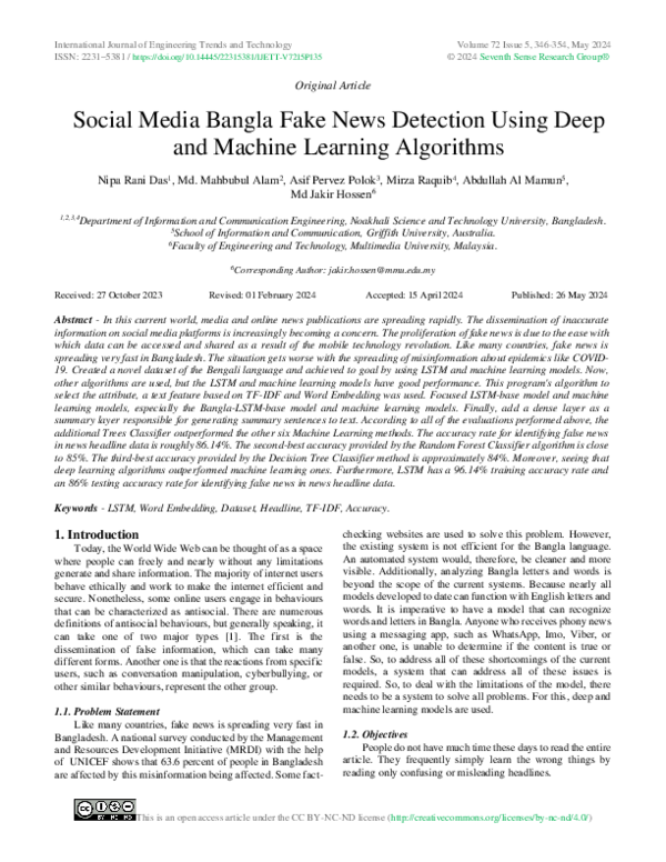 (PDF) Social Media Bangla Fake News Detection Using Deep and Machine Learning Algorithms