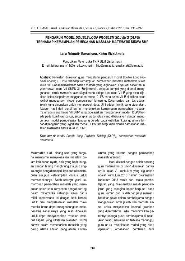 (PDF) Pengaruh Model Double Loop Problem Solving (DLPS) Terhadap Kemampuan Pemecahan Masalah ...