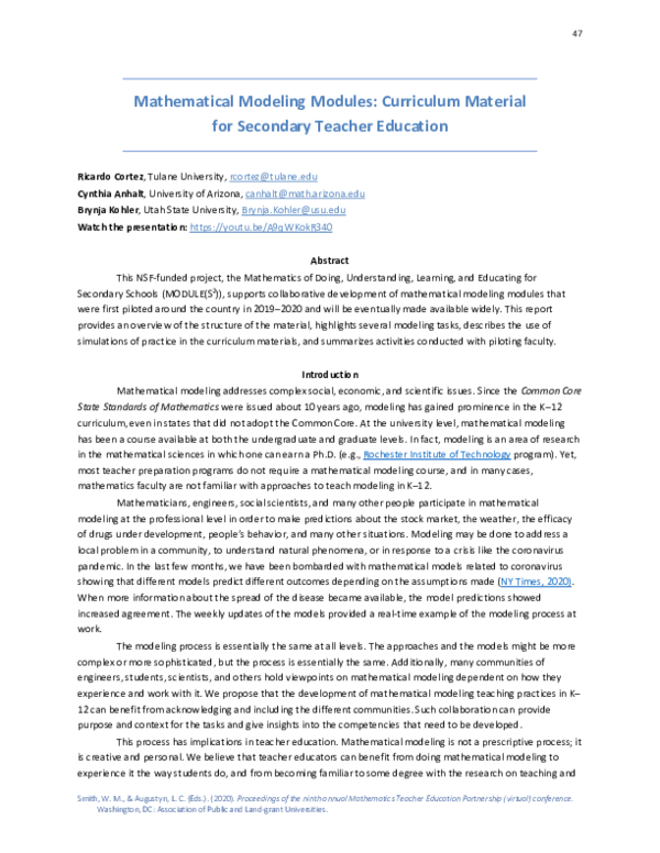 (PDF) Mathematical Modeling Modules: Curriculum Material for Secondary Teacher Education
