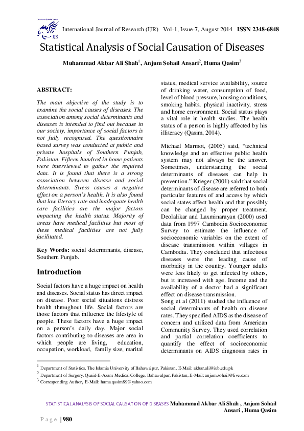 (PDF) Statistical Analysis of Social Causation of Diseases
