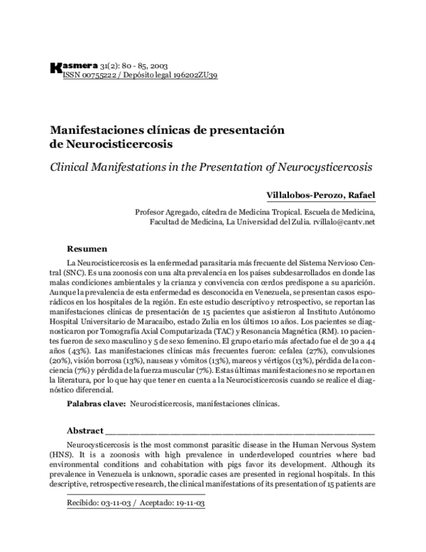 (PDF) Clinical Manifestations in the Presentation of Neurocysticercosis