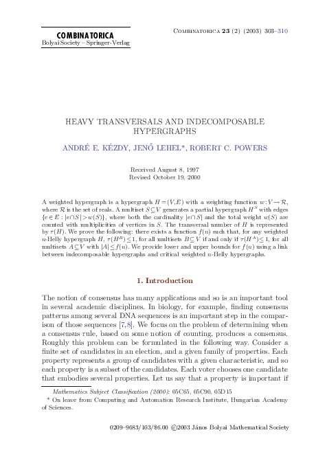 (PDF) Heavy Transversals and Indecomposable Hypergraphs