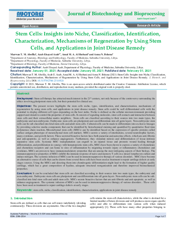 (PDF) Stem Cells: Insights into Niche, Classification, Identification ...